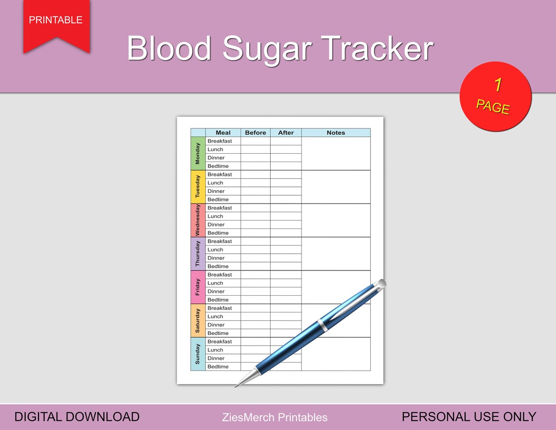 Blood Sugar Tracker Sheet Printable Download - Etsy