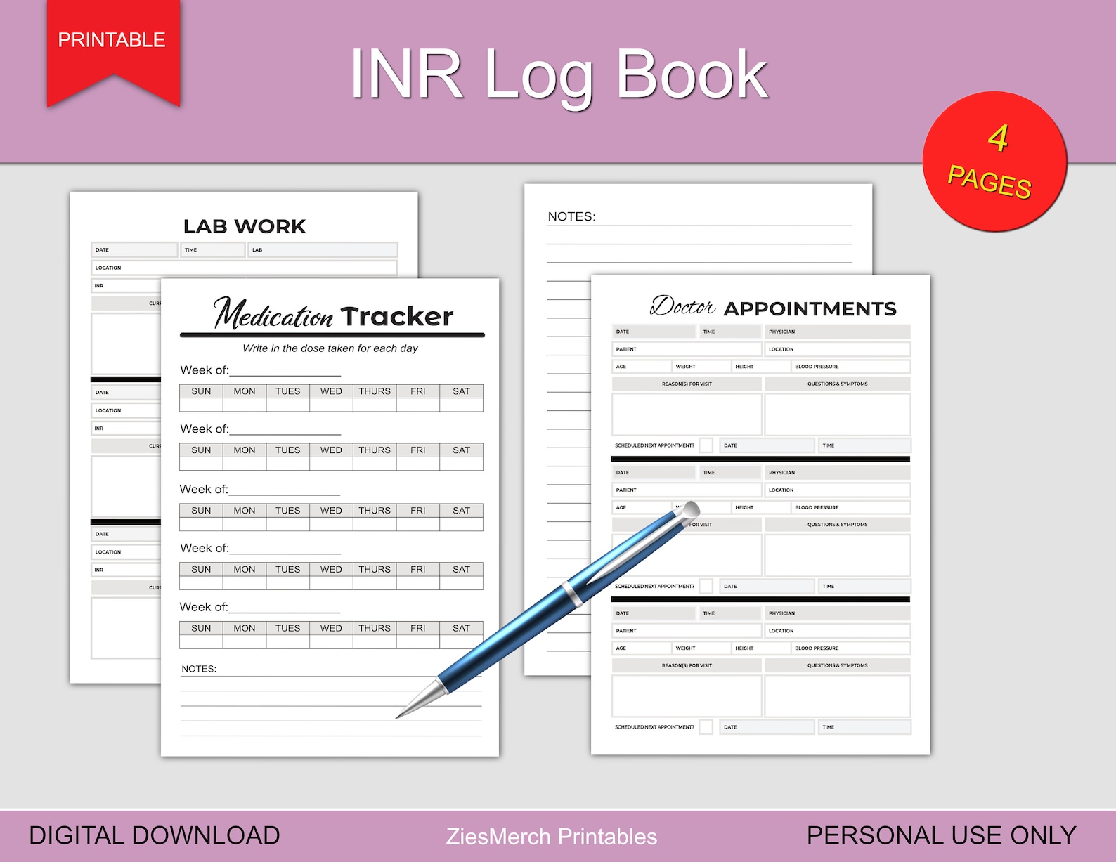 INR Anticoagulant Medication Log Book Printable Download | Etsy