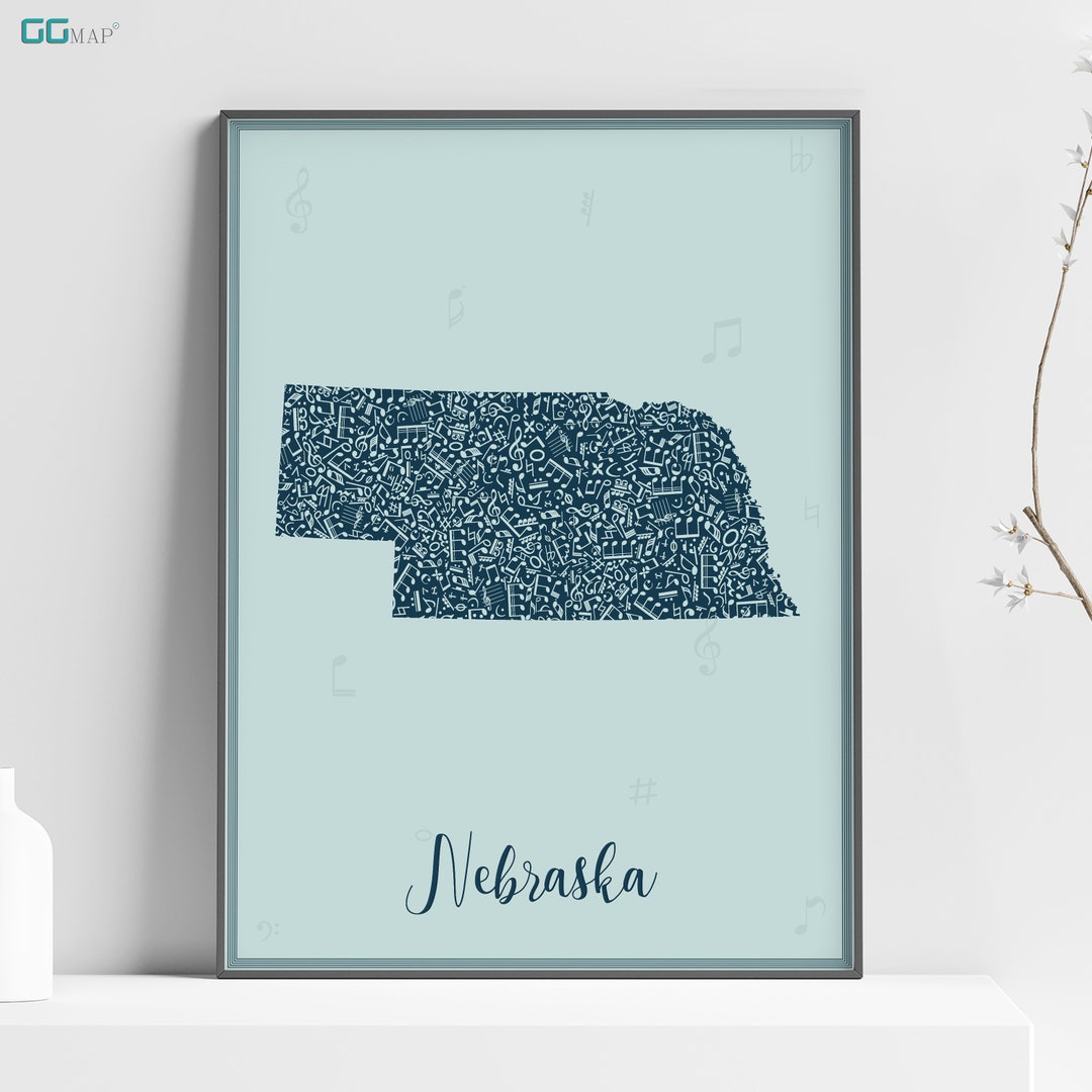 NEBRASKA Map Nebraska Music Blue Map Travel Poster Home Decor Wall ...