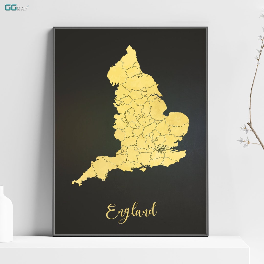 ENGLAND Map - England Gold Map - Travel Poster - Home Decor - Wall ...