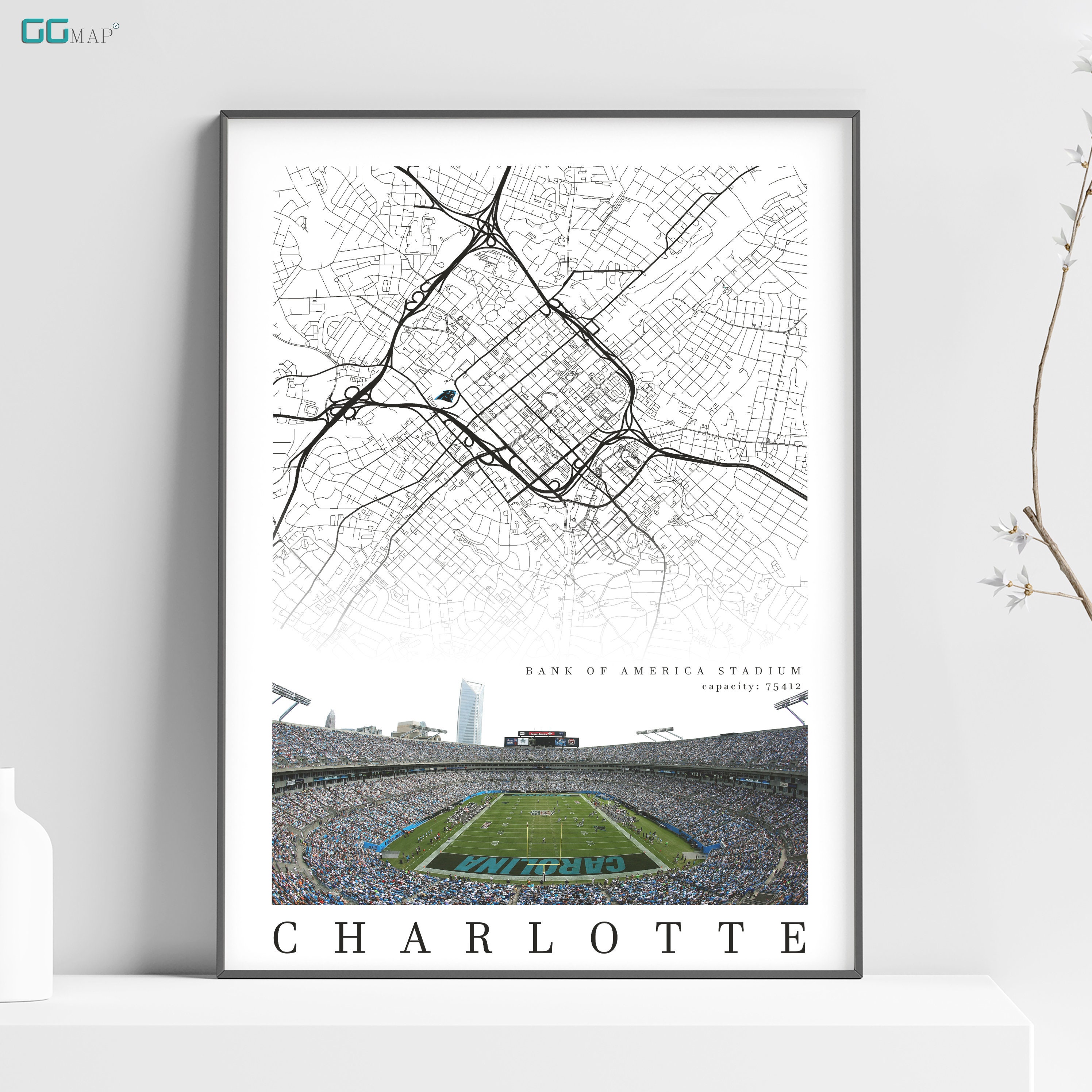 City Map of CHARLOTTE Bank of America Stadium Home Decor Charlotte ...