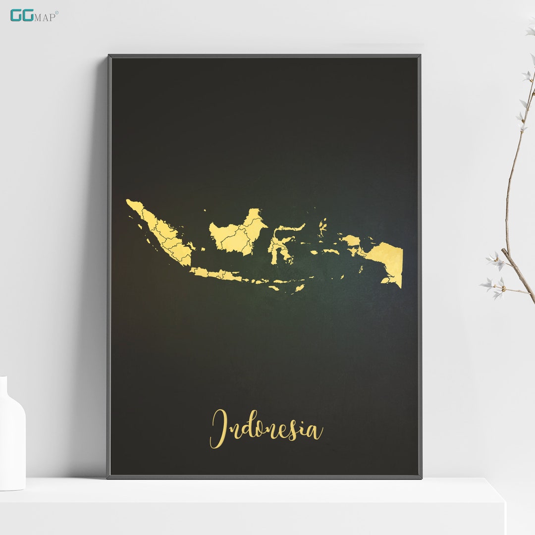 INDONESIA Map - Indonesia Gold Map - Travel Poster - Home Decor - Wall ...