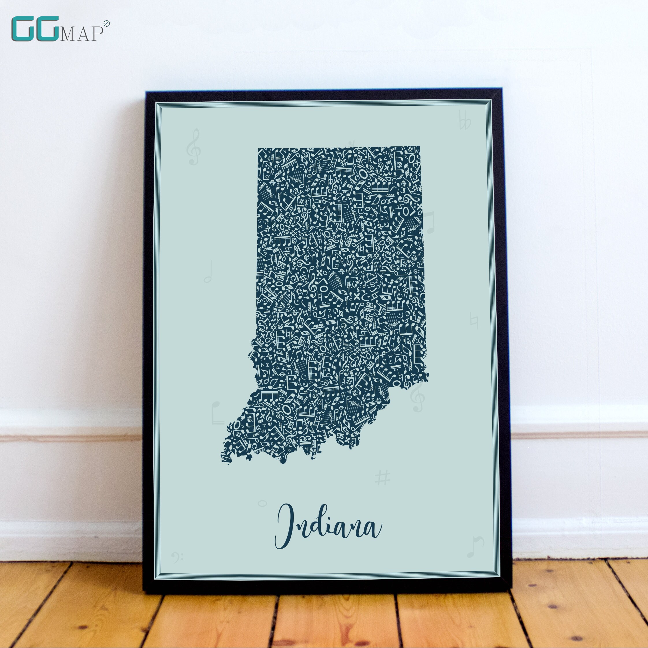 INDIANA Map Indianamusic Blue Map Travel Poster Home Decor Wall Decor ...