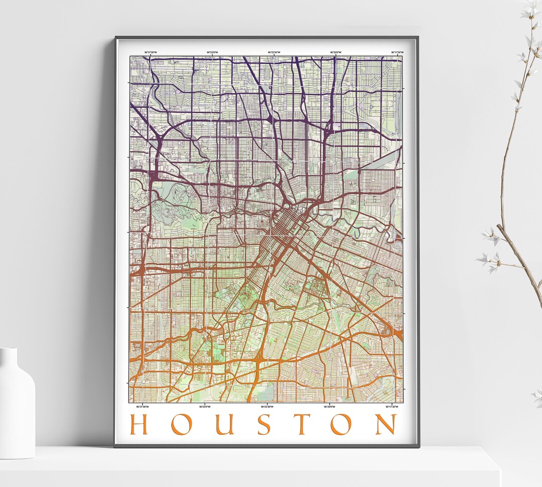 VINTAGE Map of HOUSTON - Texas - Home Decor - Wall Decor - Office Map ...