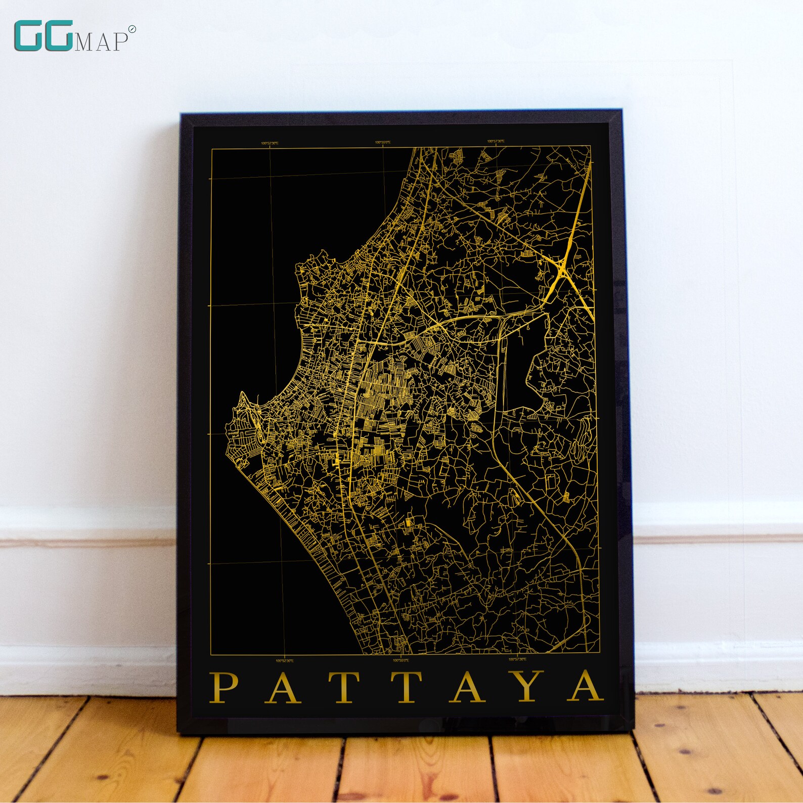 City Map of PATTAYA Pattaya Black Gold Map Home Decor Travel Map Print ...
