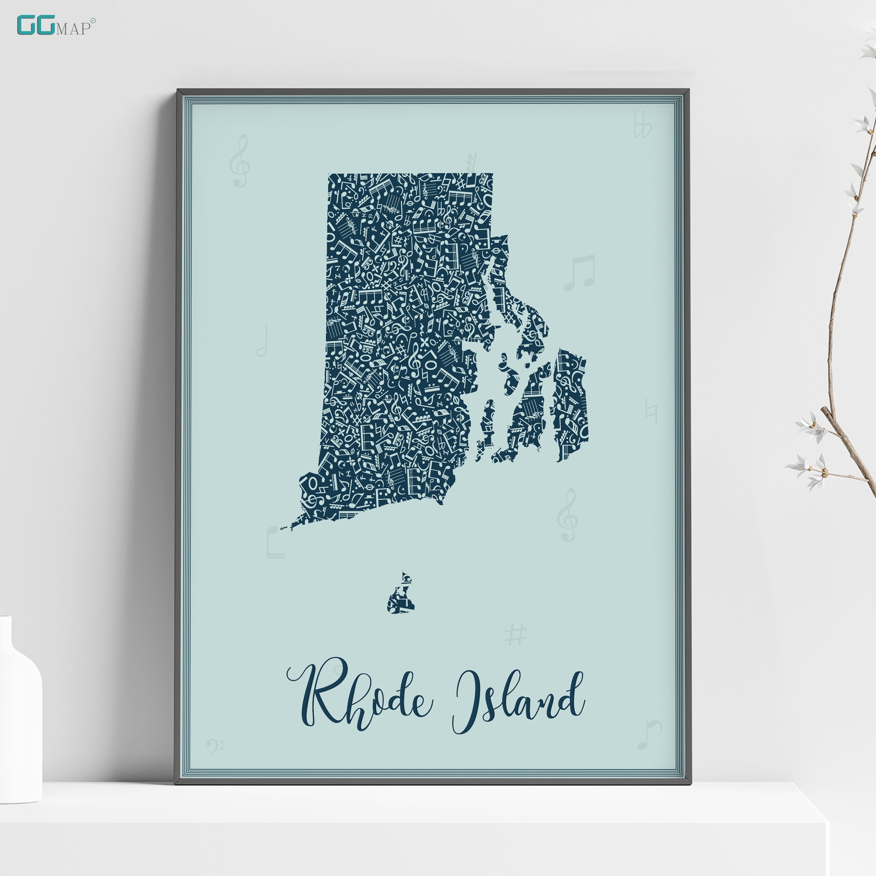 RHODE ISLAND Map Rhode Island Music Blue Map Travel Poster Home Decor ...