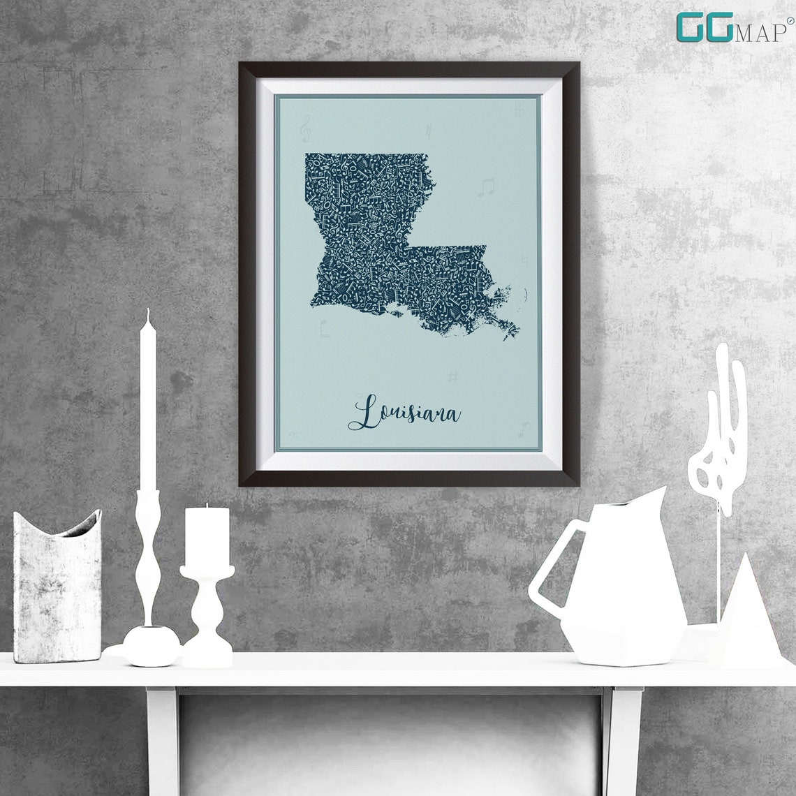 LOUISIANA Map Louisiana Music Blue Map Travel Poster Home Decor Wall ...