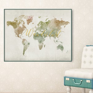 Wanderlust World Map World Map Print World Map Art World Map Watercolor ...