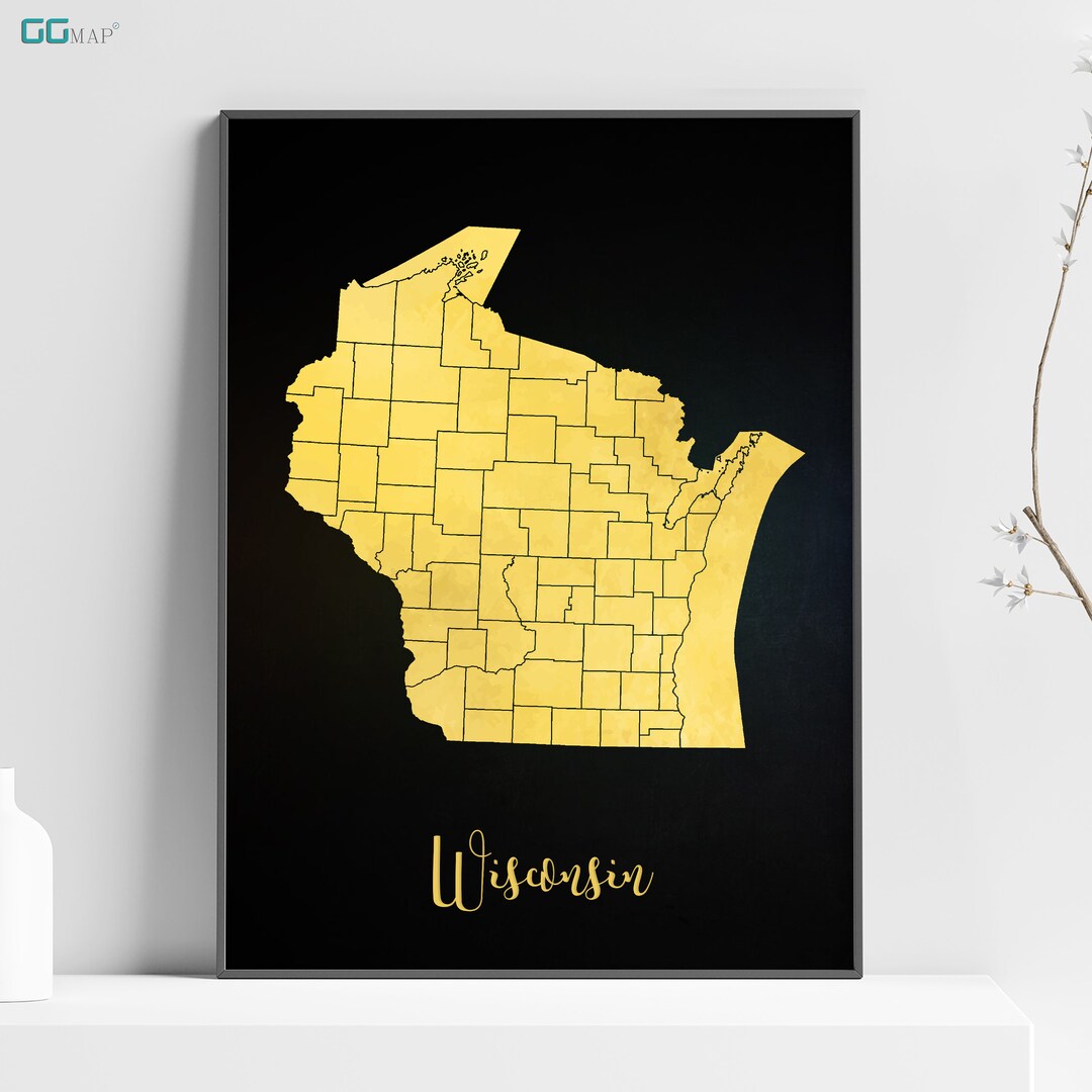 WISCONSIN Map - Wisconsin Gold Map - Travel Poster - Home Decor - Wall ...