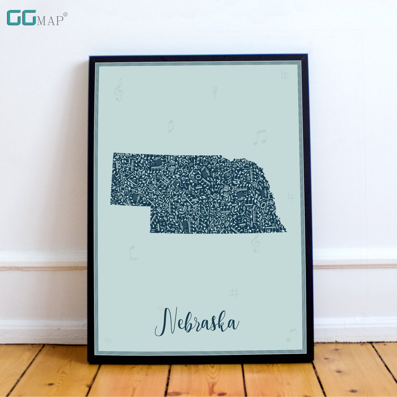 NEBRASKA Map Nebraska Music Blue Map Travel Poster Home Decor Wall ...