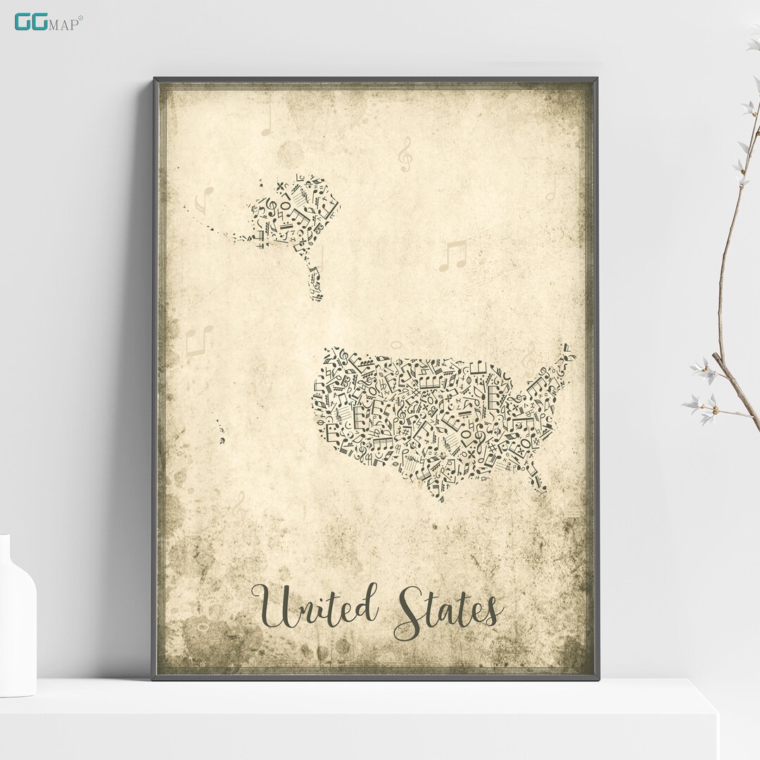 UNITED STATES Map - United States Music Map - Travel Poster - Wall ...