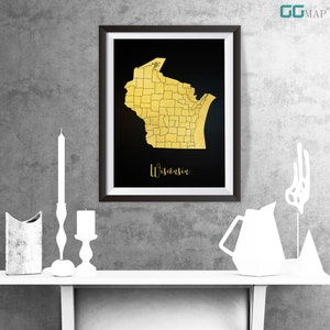 WISCONSIN Map - Wisconsin Gold Map - Travel Poster - Home Decor - Wall ...