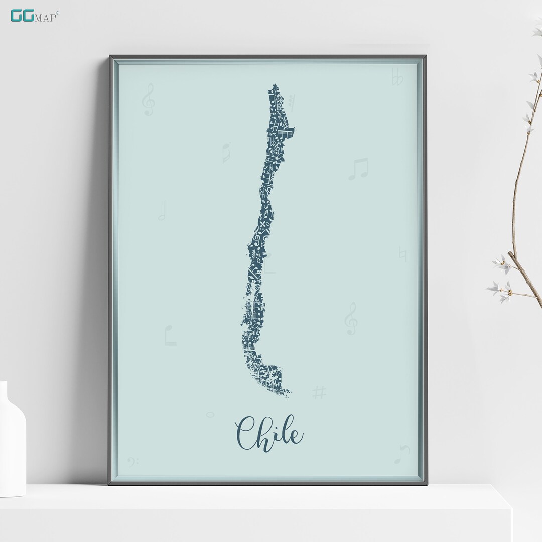 Mapa de CHILE Mapa de Chile Music Blue Cartel de viaje Decoración del ...