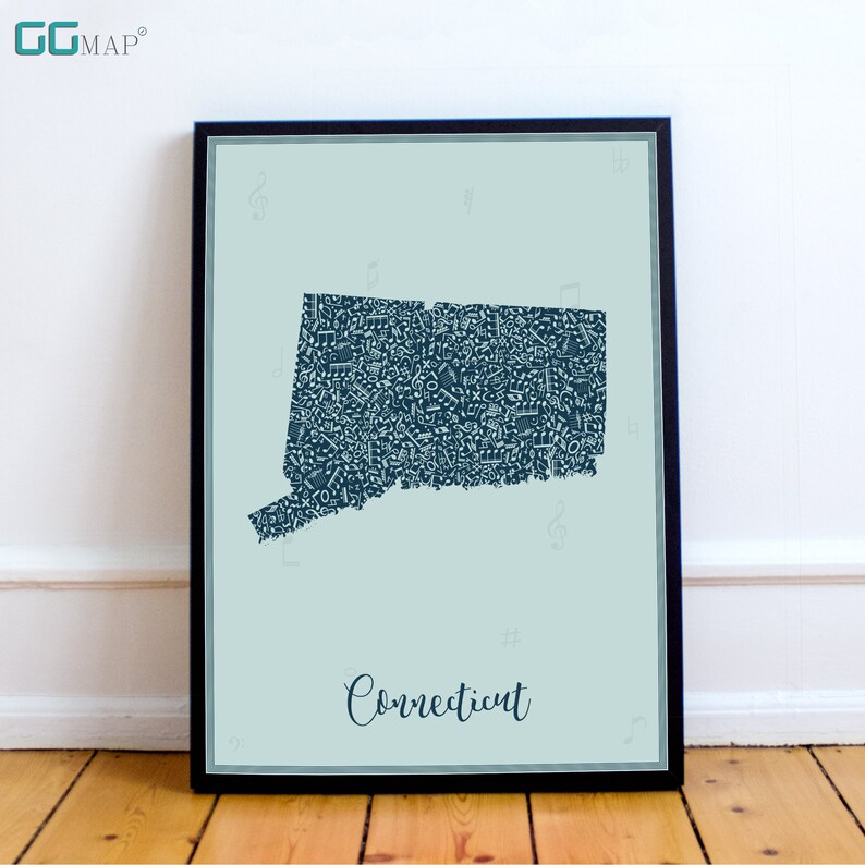 CONNECTICUT Map Connecticut Music Blue Map Travel Poster Home Decor ...