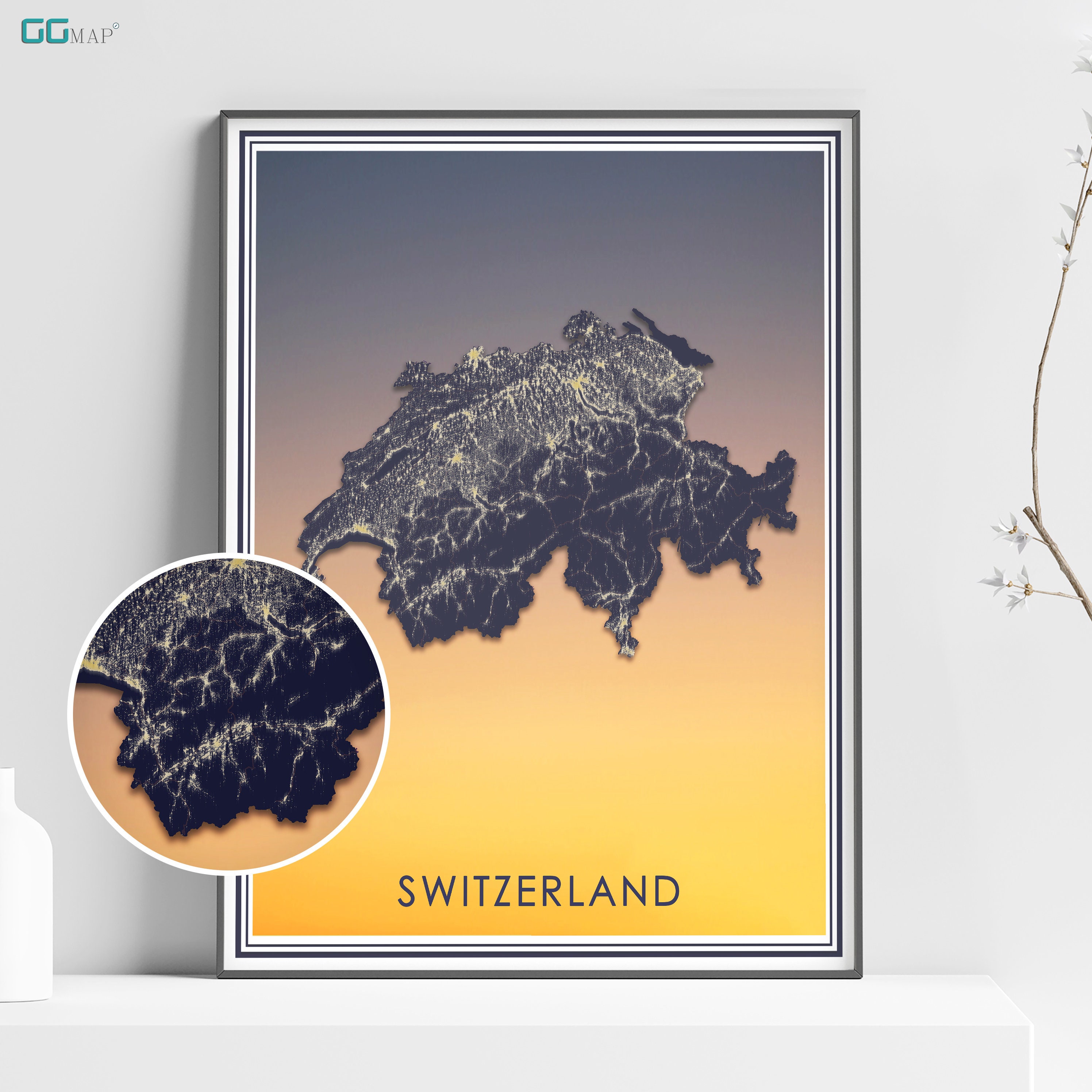 SWITZERLAND Map Switzerland Sunset Map Travel Poster Home Decor Wall ...