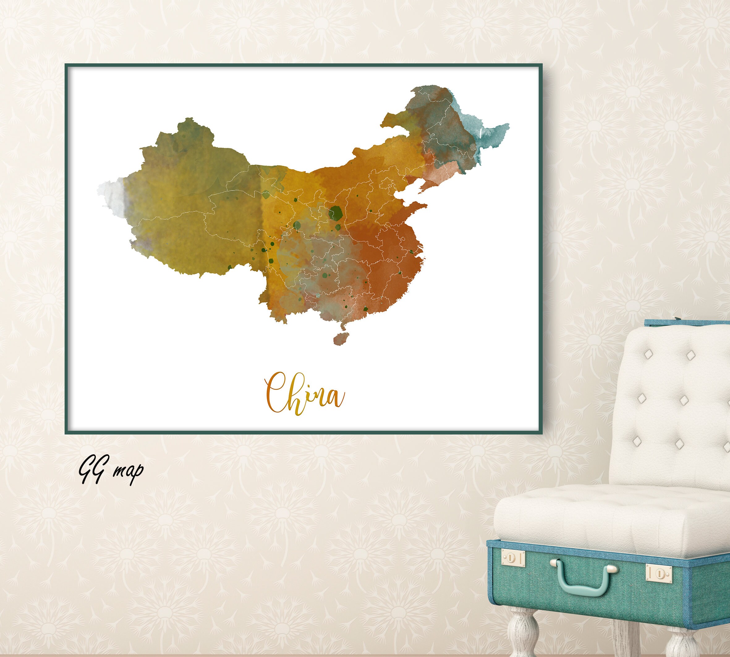 CHINA Map China Watercolor Map Travel Poster Home Decor Wall Decor ...