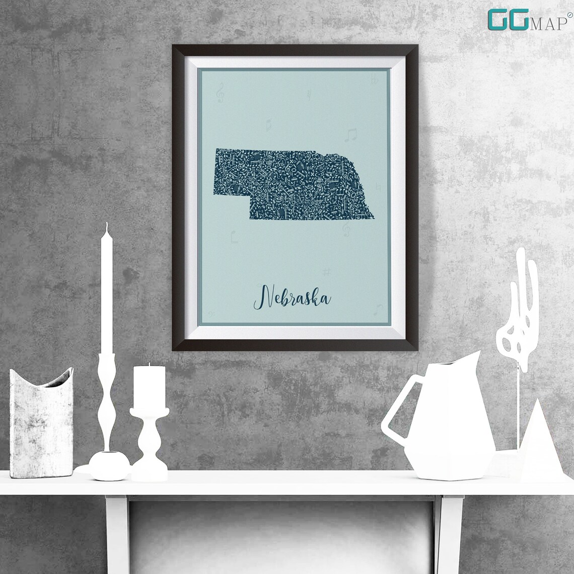 NEBRASKA Map Nebraska Music Blue Map Travel Poster Home Decor Wall ...