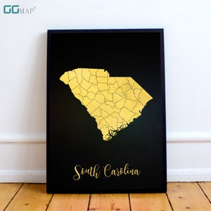 SOUTH CAROLINA Map - South Carolina Gold Map - Travel Poster - Home ...