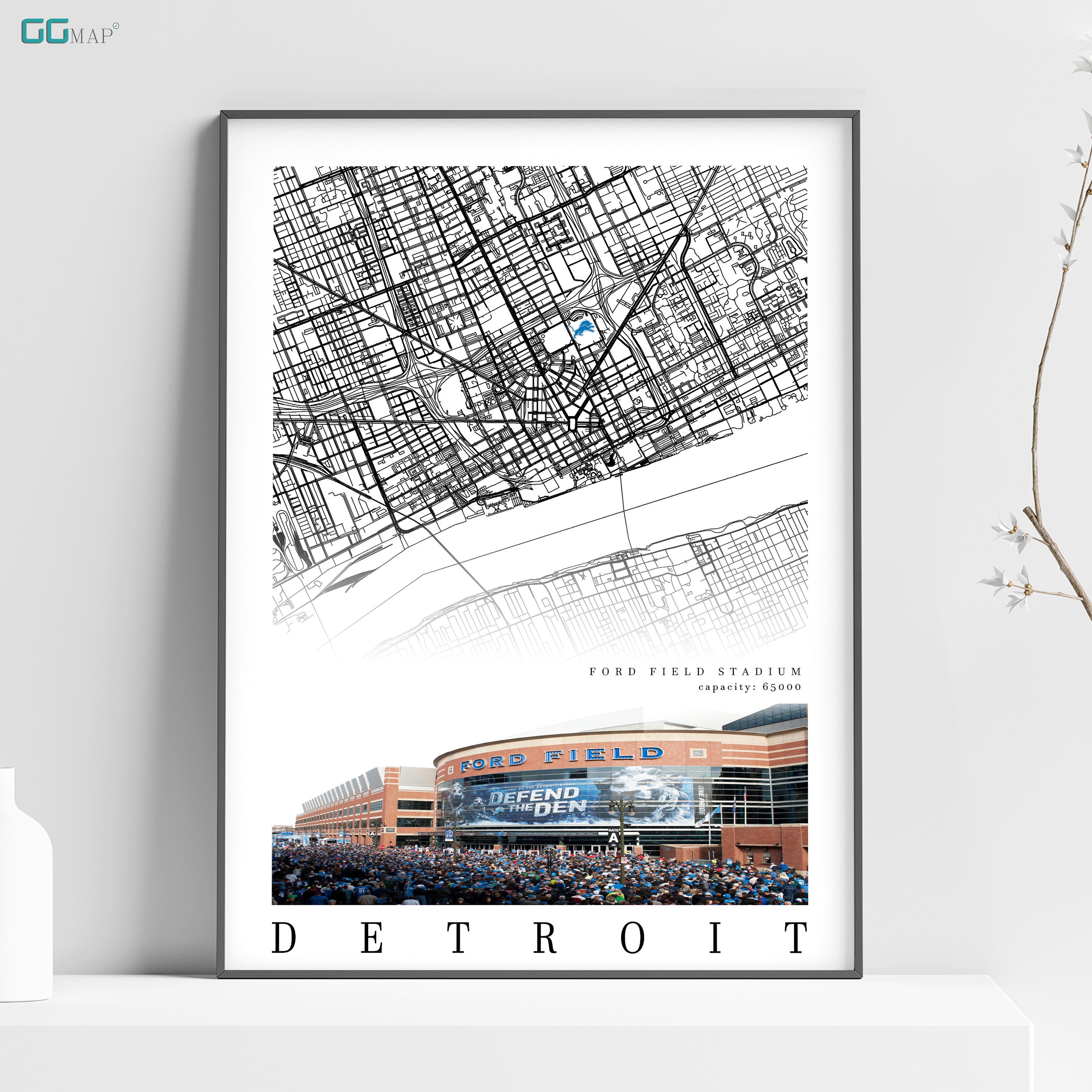 City Map of DETROIT Ford Field Stadium Home Decor Detroit Detroit Decor ...