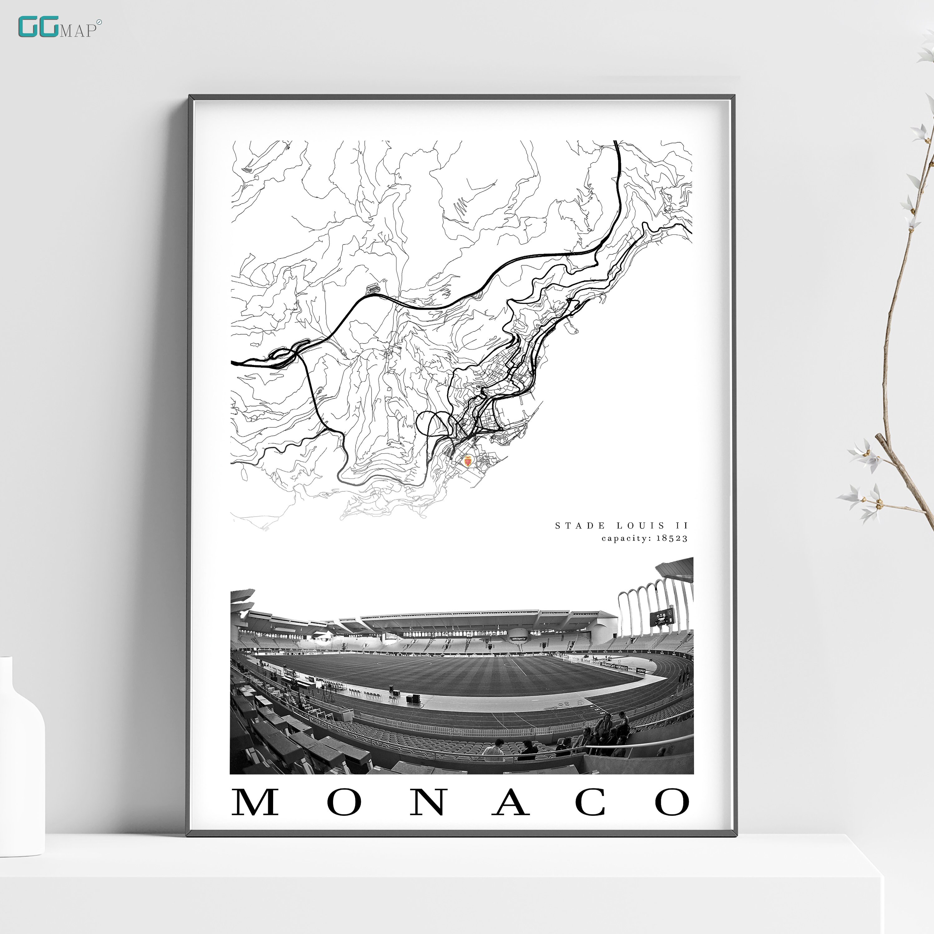 City Map of MONACO Stade Louis II Home Decor Stade Louis II Wall Decor ...