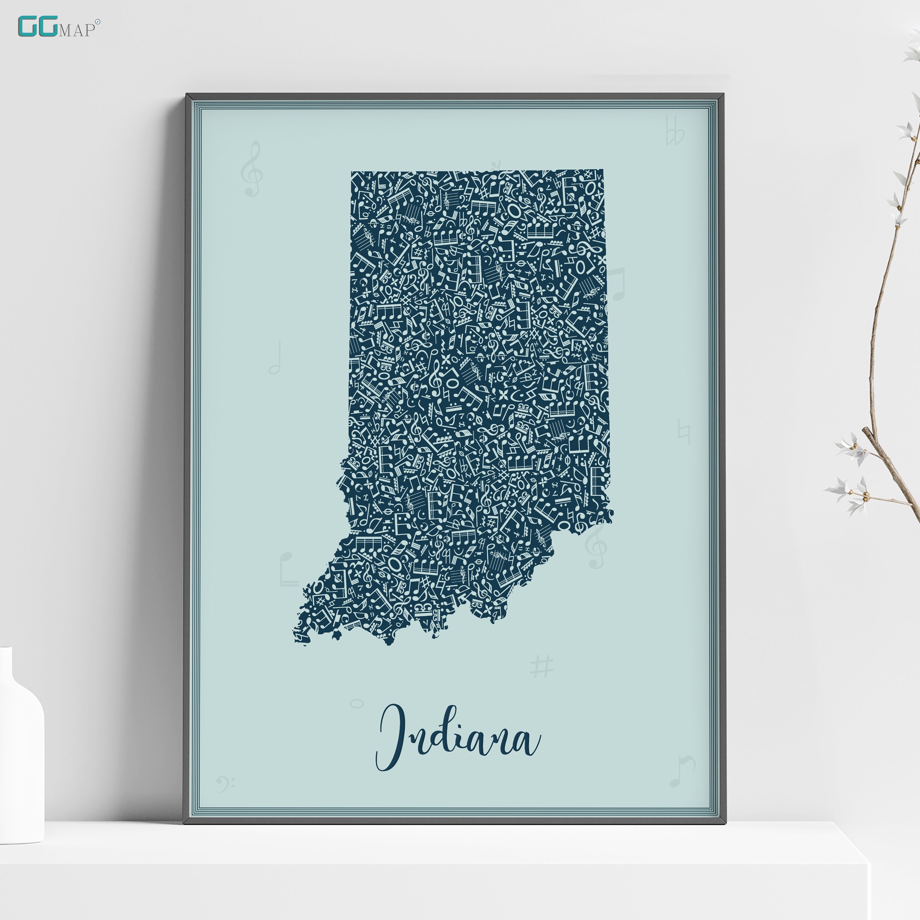 INDIANA Map Indianamusic Blue Map Travel Poster Home Decor Wall Decor ...