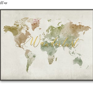 Wanderlust World Map World Map Print World Map Art World Map Watercolor ...