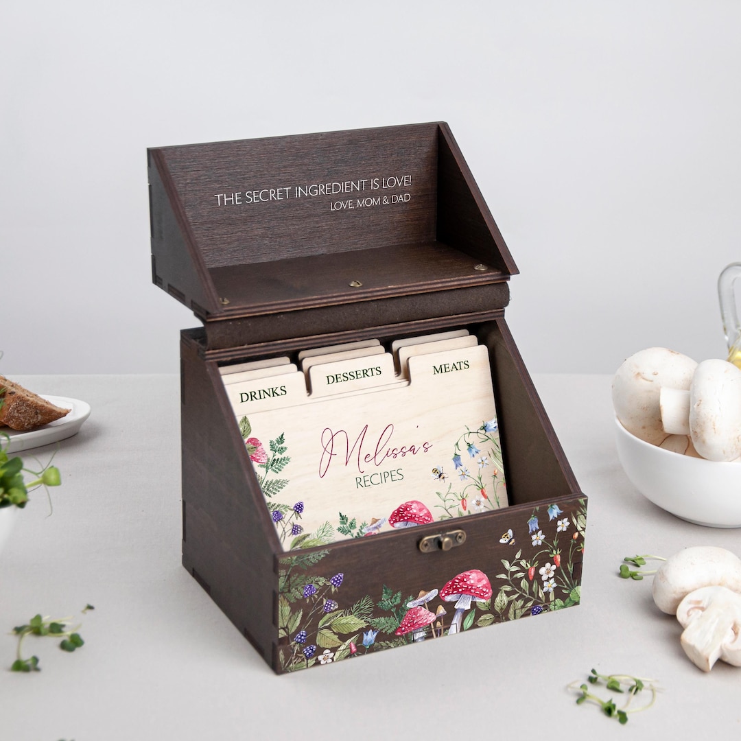 Custom Wooden Recipe Box With Dividers & Cards Personalized Recipe ...