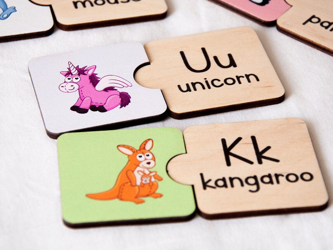 Animal alphabet puzzle with personalized box Wooden memory | Etsy