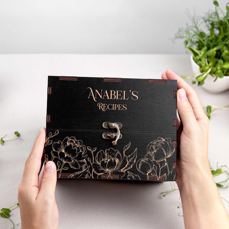 Personalized Wooden Recipe Box With Recipe Cards, Engraved Floral ...