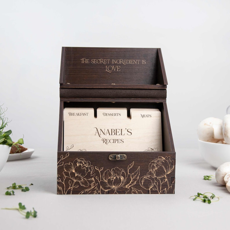 Personalized Wooden Recipe Box With Recipe Cards, Engraved Floral ...