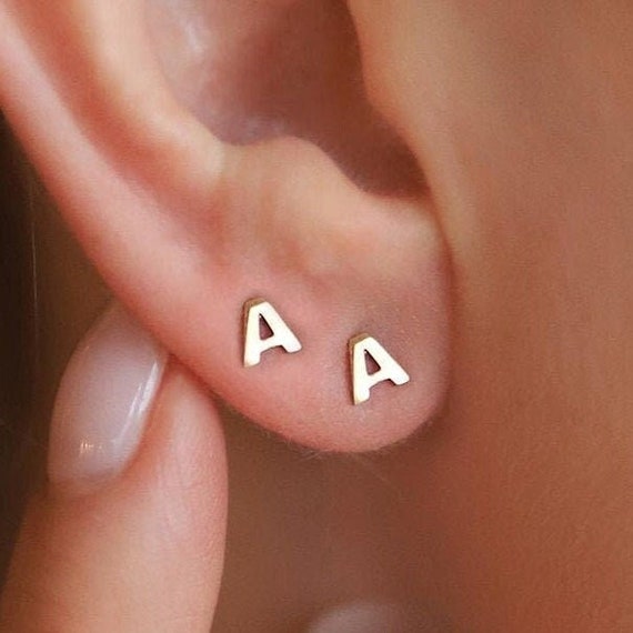 18k Gold Letter Earring Tiny Custom Initial Personalised | Etsy