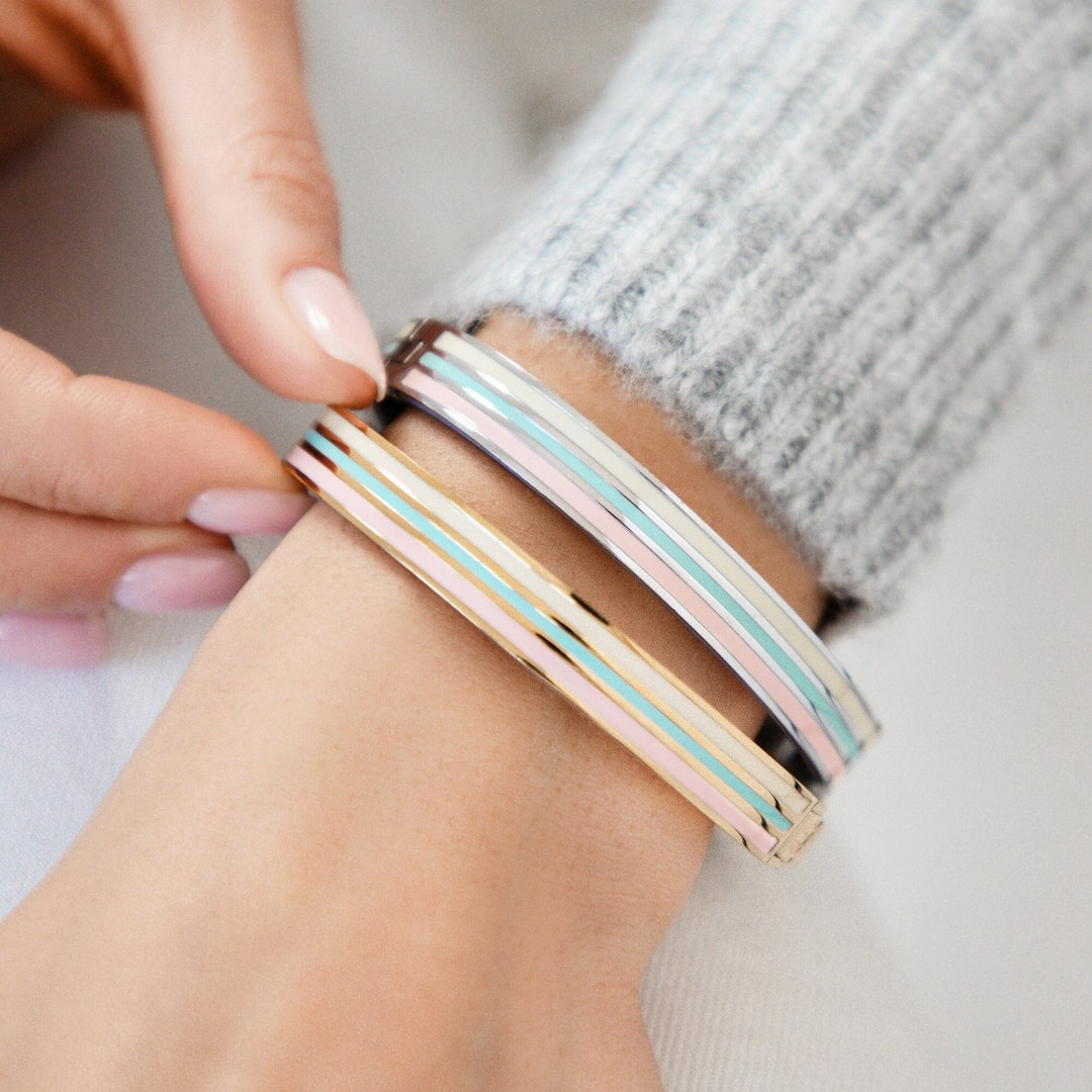 Colourful Stiped Enamel Rainbow Bangle, Positive Mantra, Pastel ...