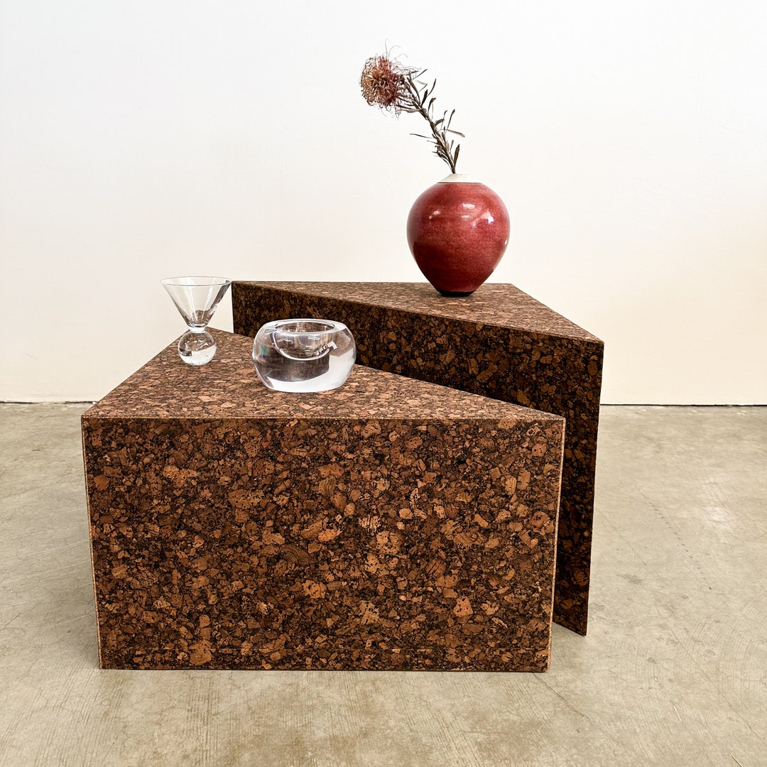 Vintage 70s Cork Triangle Pedestal Base Coffee Table MCM Retro Burlwood ...