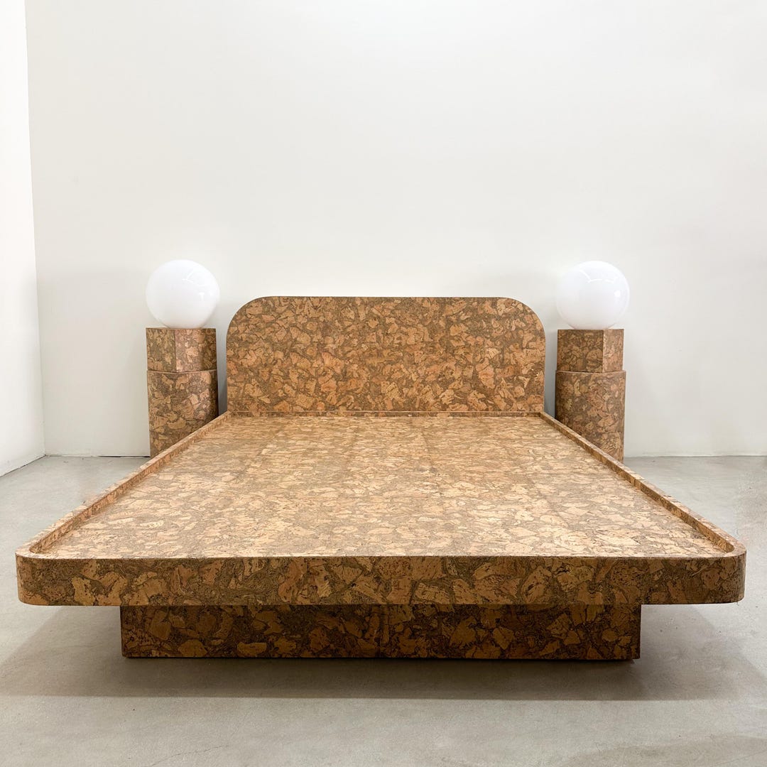 Vintage Queen Cork Platform Bed & Headboard Postmodern MCM Retro 70s ...