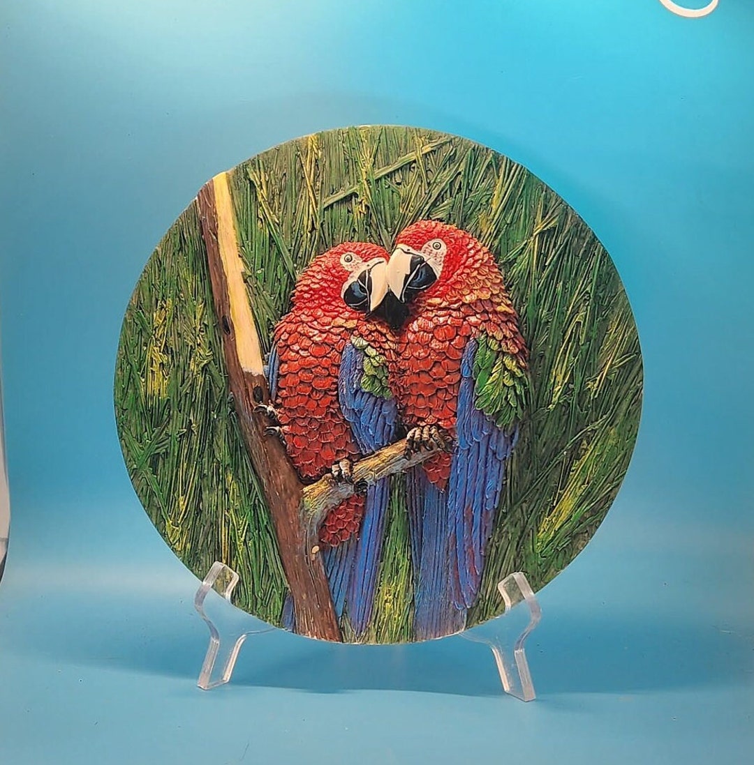 Decorative Round Wall Hanging, Resin, Raised Art, Macaws, Bird Lovers ...