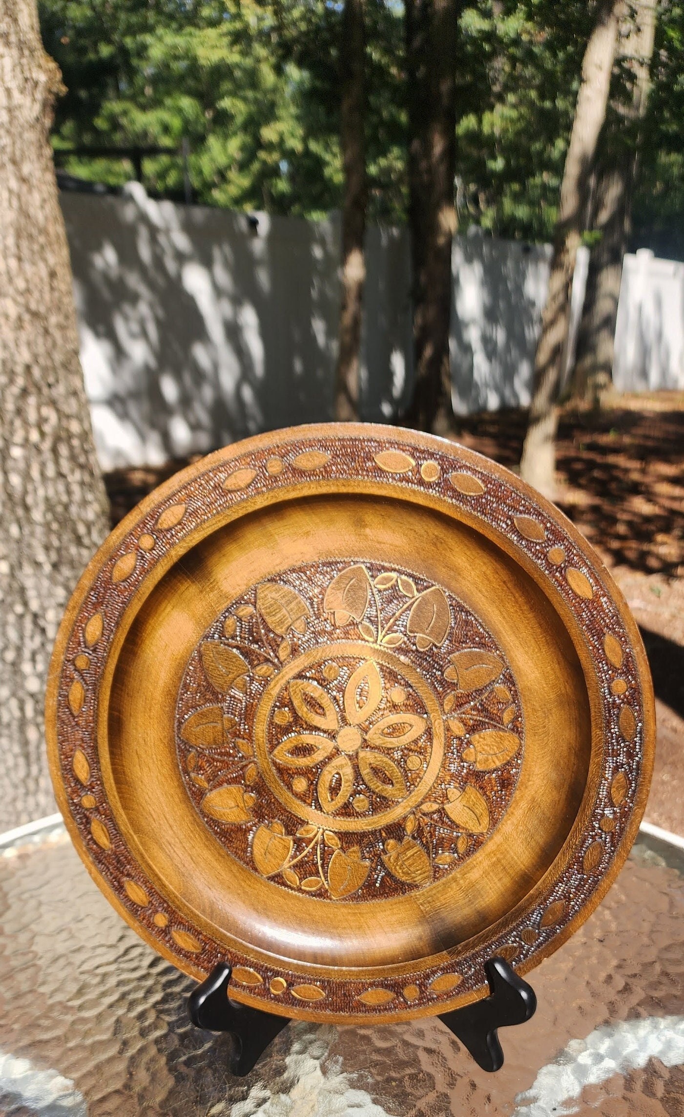 Wood Pyrography Plate With Brass Inlay Warsaw Poland Art - Etsy