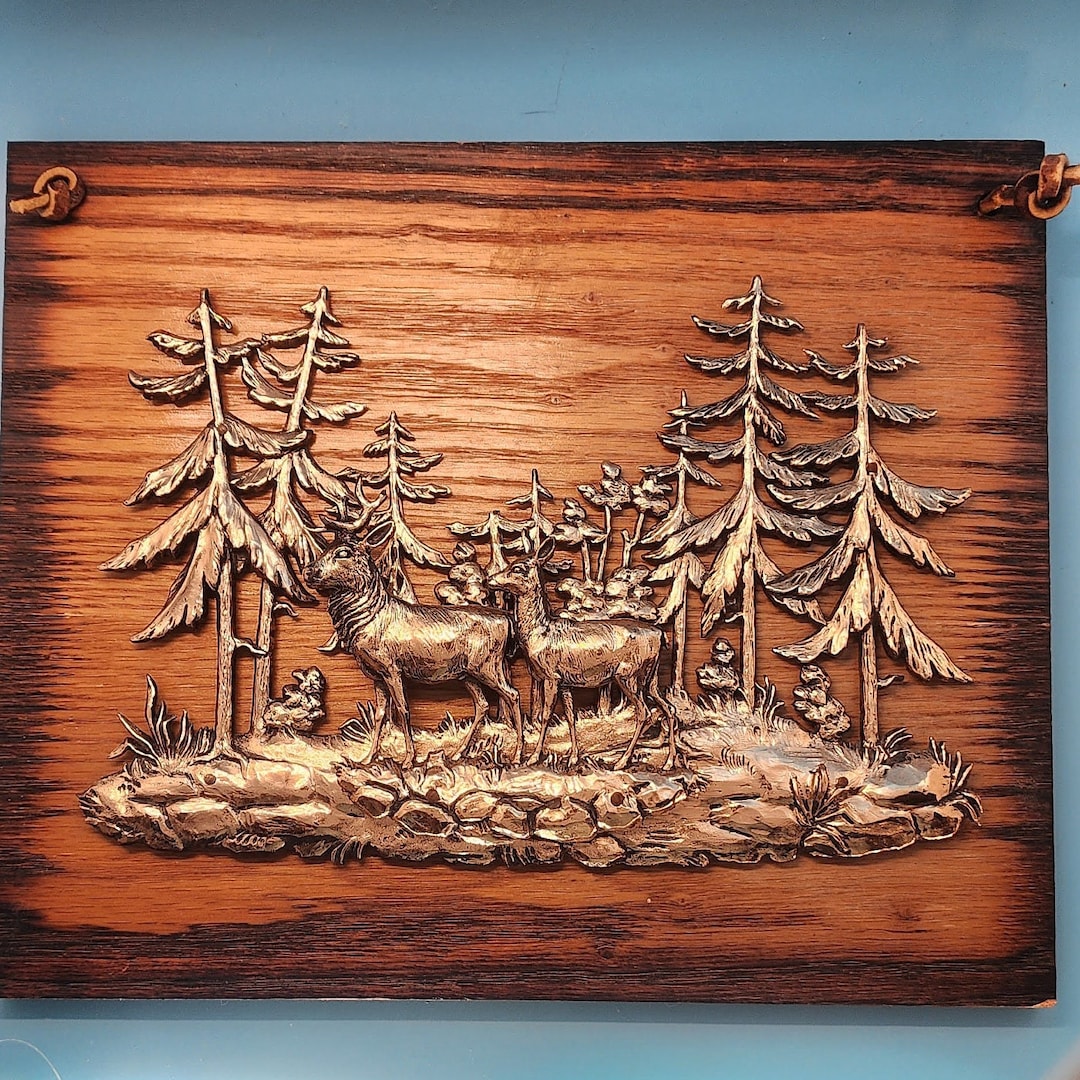 Art Wall Hanging, Burnt Wood Plaque With Copper Metal Forrest - Etsy