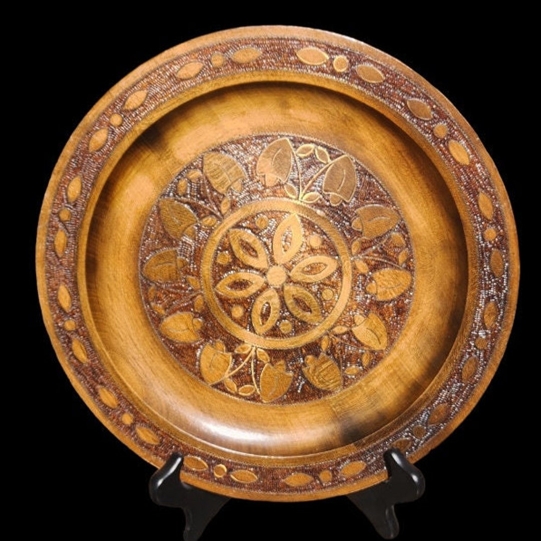 Wood Pyrography Plate With Brass Inlay Warsaw Poland Art - Etsy