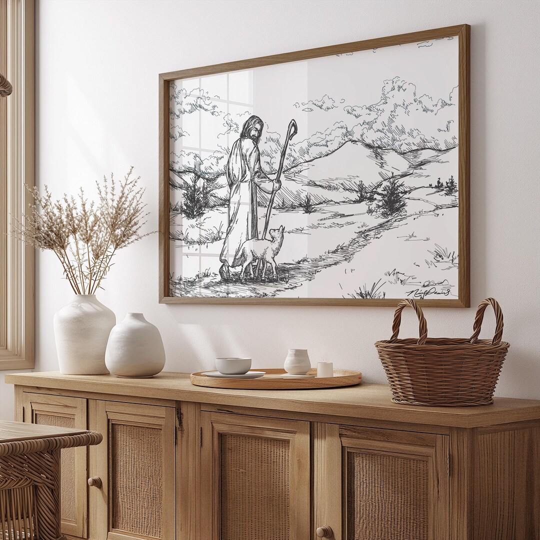 Christ and Lamb Line Art Print - Christian Landscape Artwork, Spiritual ...