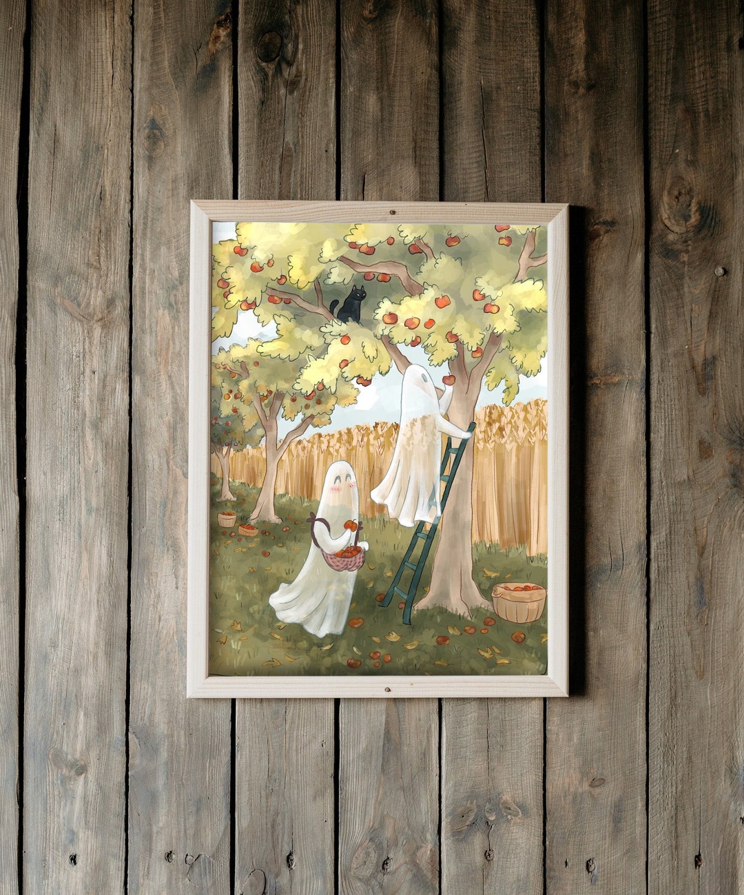 Picking Apples Ghost Art Print Cute Ghost Painting Outdoors Art Wall ...
