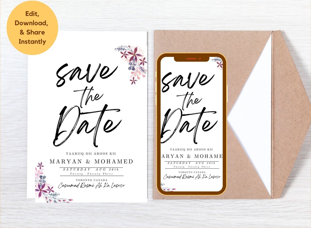 Somali Save the Date Invitation, Somali Wedding Invitation, Aroos Nikah ...