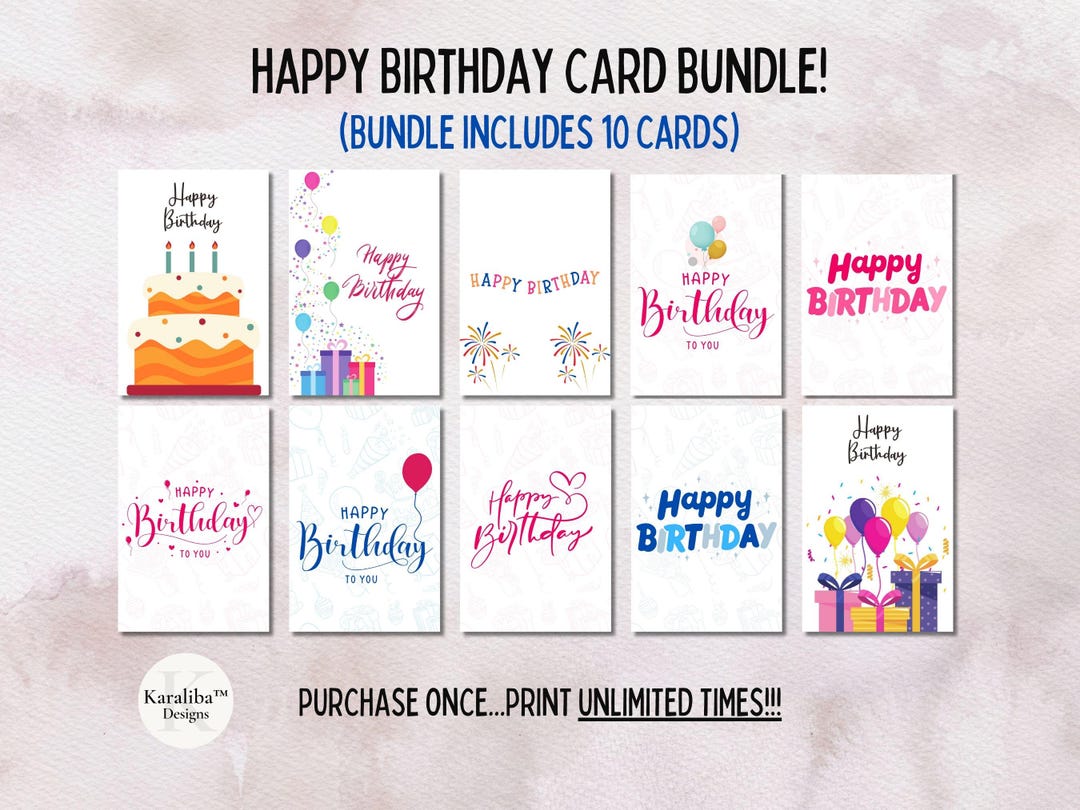 PRINTABLE Happy Birthday Card Bundle, Set of 10 Cards - Etsy