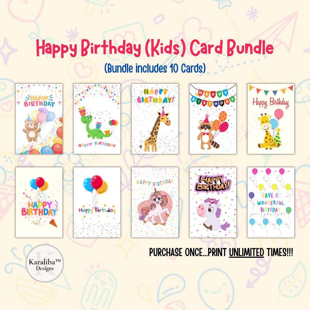 PRINTABLE Kids Happy Birthday Card Bundle, Set of 10 Cards - Etsy