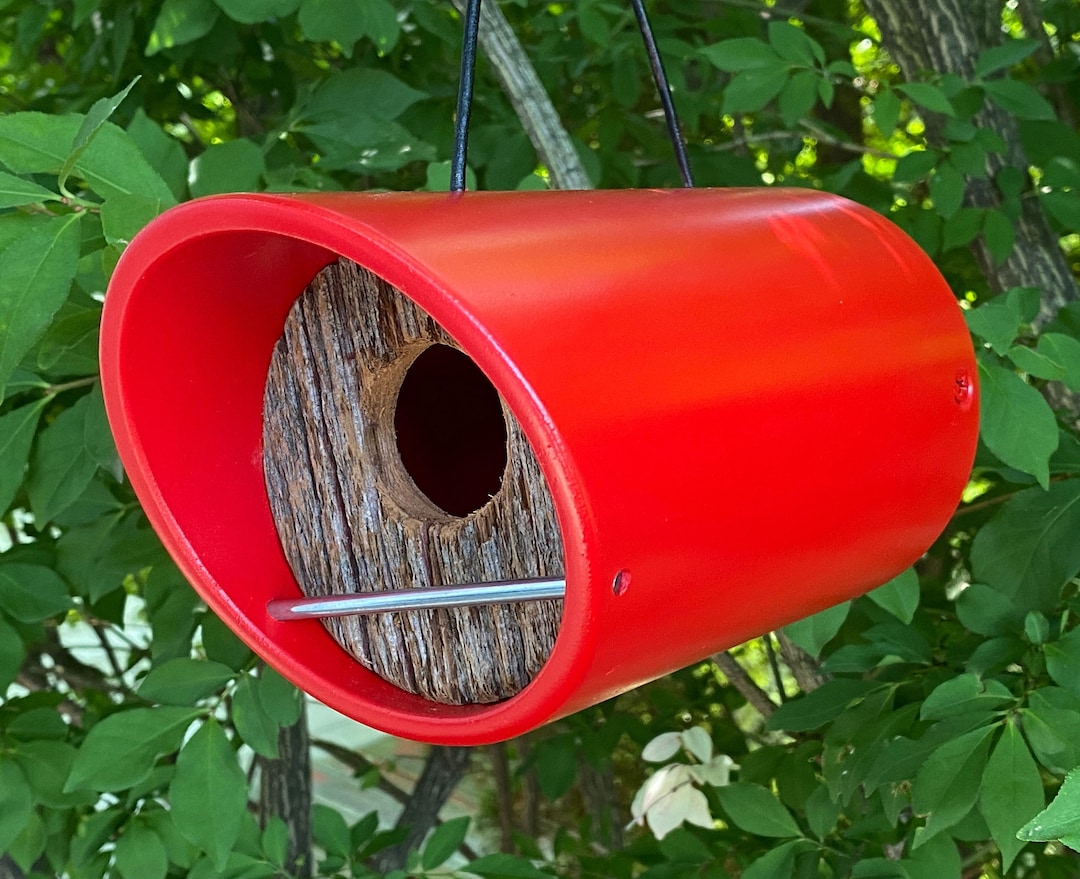 Red Angled Birdhouse: Reclaimed Barnwood, Modern Hanging Design - Etsy