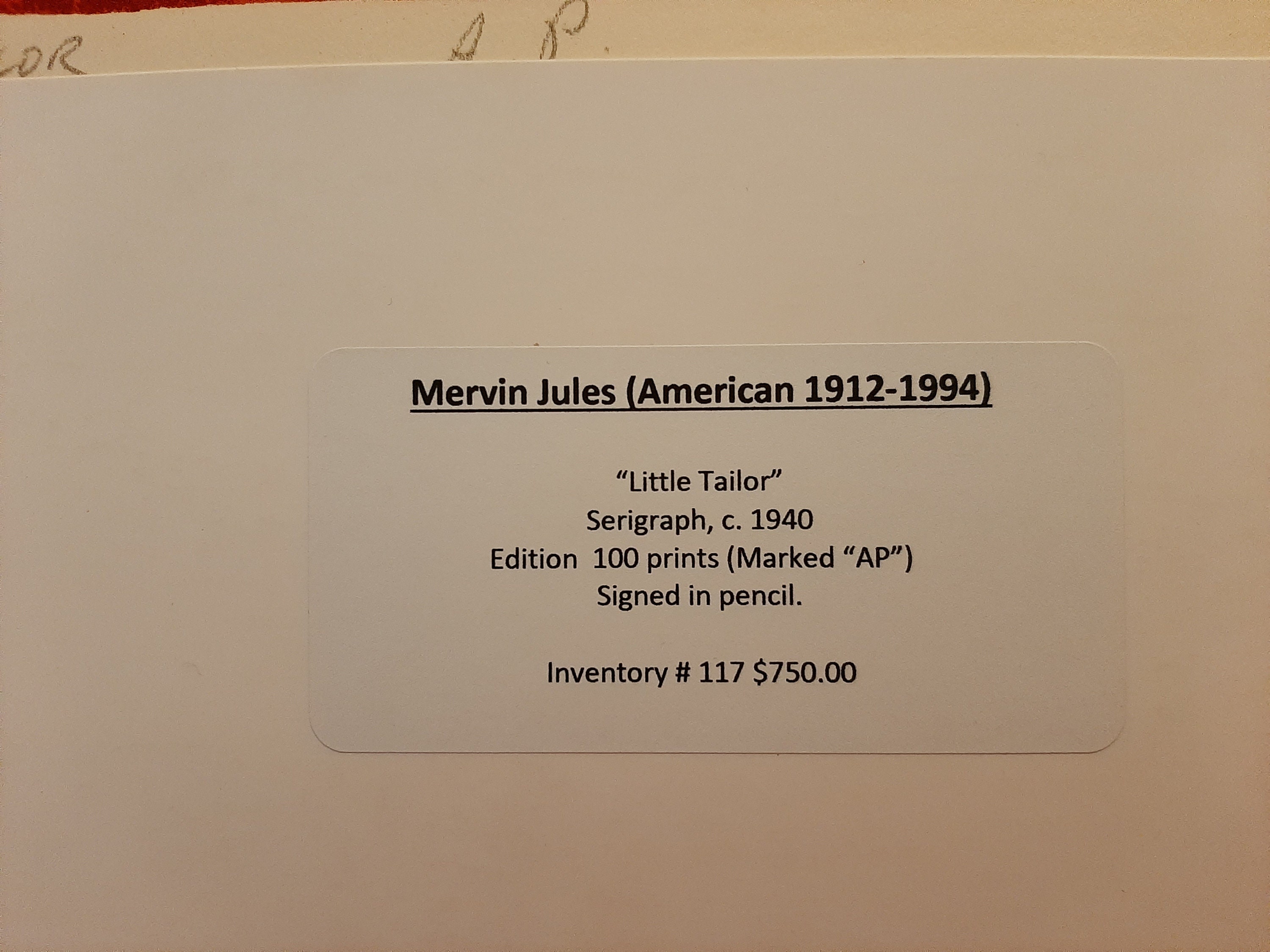 Mervin Jules (american 1912-1994) "little Tailor", Serigraph, C. 1940, Pencil Signed, FREE ...