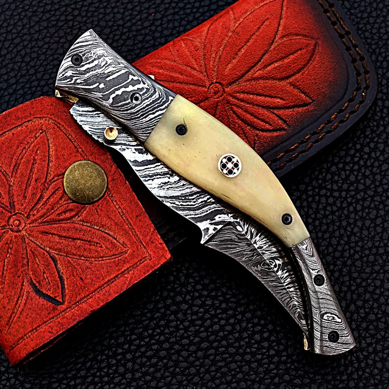 Handmade Pocket Knife Mosaic Pin & Bone Handle Damascus Steel Blade ...