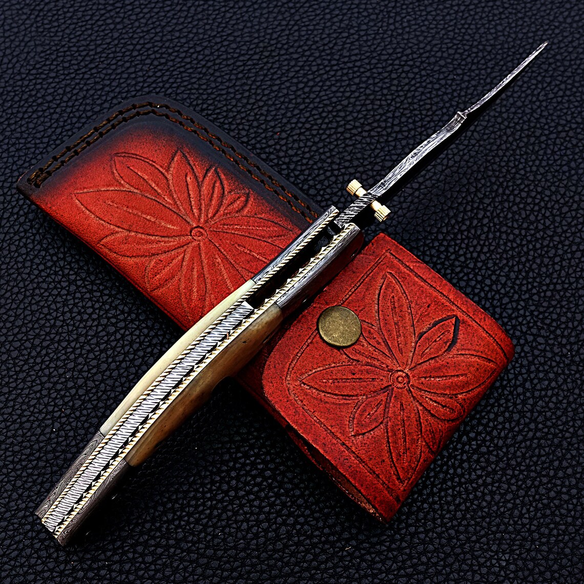 Handmade Pocket Knife Mosaic Pin & Bone Handle Damascus Steel Blade ...