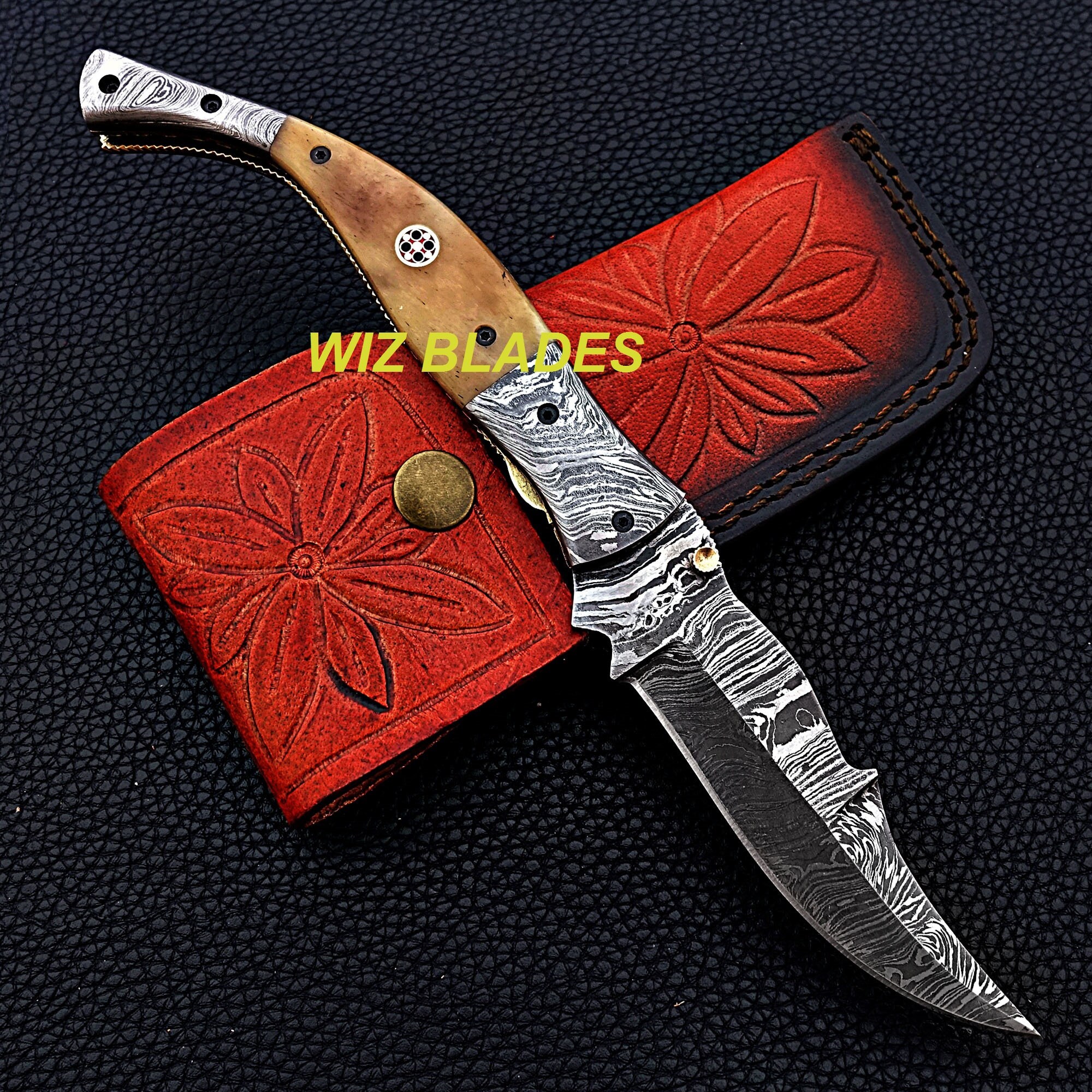 Handmade Pocket Knife Mosaic Pin & Bone Handle Damascus Steel Blade ...