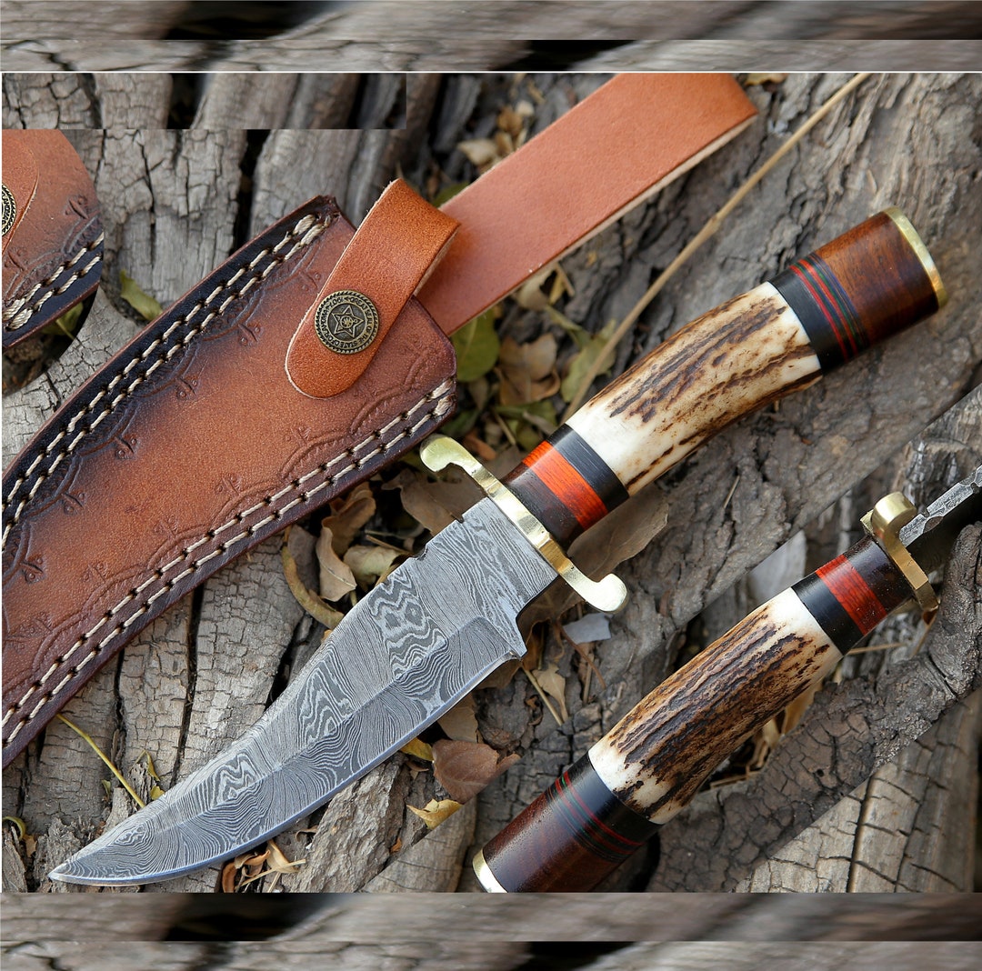 Real Stag Horn Handle Knife, Hand Made Forged Damascus Steel Hunting ...