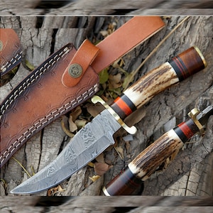 Real Stag Horn Handle Knife, Hand Made Forged Damascus Steel Hunting ...